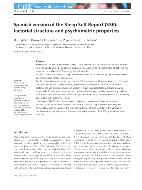 (PDF) Spanish version of the Sleep Self‐Report (SSR): factorial ...