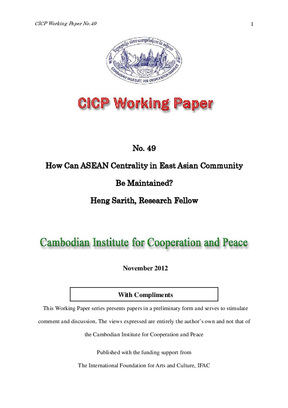 (PDF) CICP Working Paper No. 49 How Can ASEAN Centrality in East Asian ...