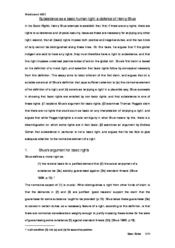 (PDF) Subsistence as a basic human right: a defence of Henry Shue