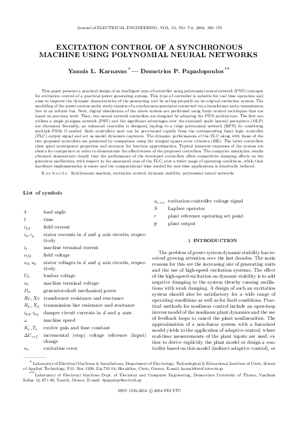 (PDF) Excitation Control of a Synchronous Machine Using Polynomial Neural Networks