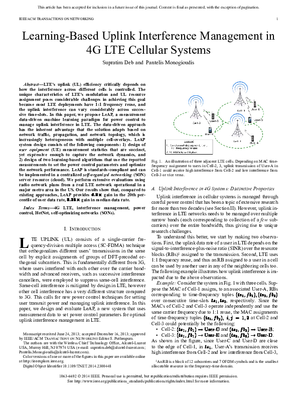 Pdf Learning Based Uplink Interference Management In 4g Lte Cellular Systems 