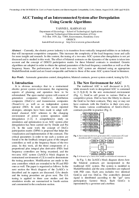 Pdf Agc Tuning Of An Interconnected System After Deregulation Using Genetic Algorithms