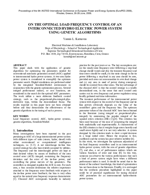 Pdf On The Optimal Load Frequency Control Of An Inteconnected Hydro Electric Power System