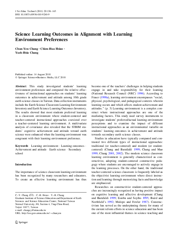 Science learning outcomes in alignment with learning environment ...