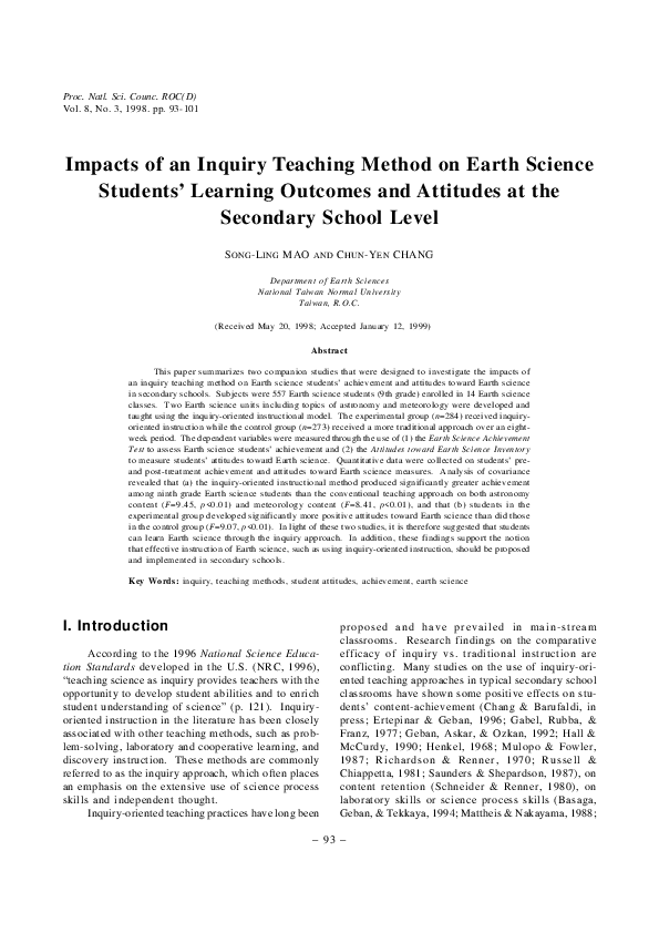 Impacts of an inquiry teaching method on earth science students ...