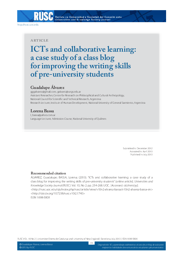 (PDF) ICTs and collaborative learning: a case study of a class blog for ...