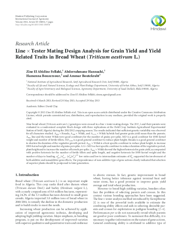 Pdf Line×tester Mating Design Analysis For Grain Yield And Yield Related Traits In Bread Wheat