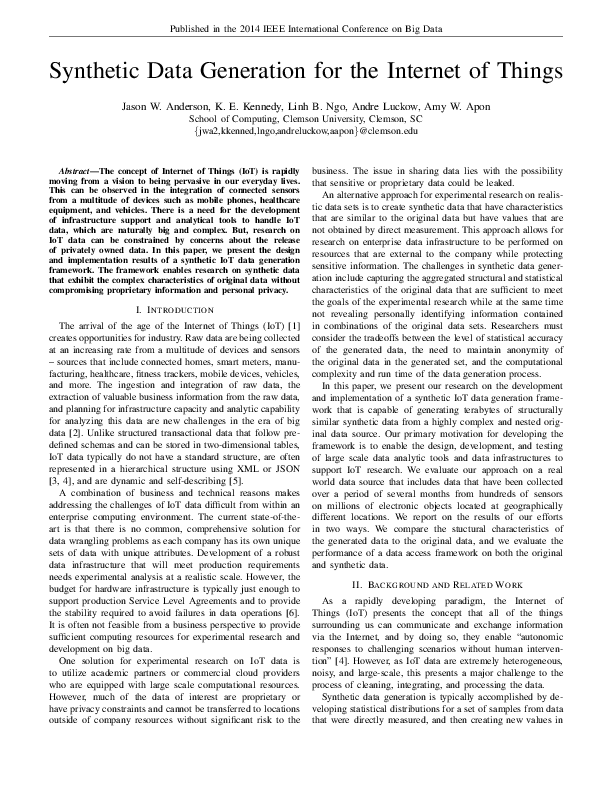 (PDF) Synthetic Data Generation for the Internet of Things