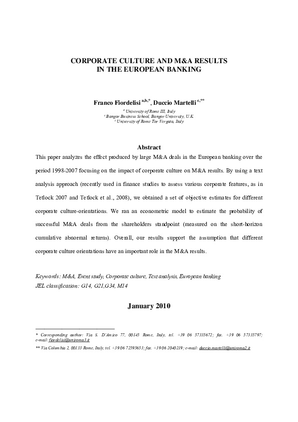 (PDF) CORPORATE CULTURE AND M&A RESULTS IN THE EUROPEAN BANKING ...