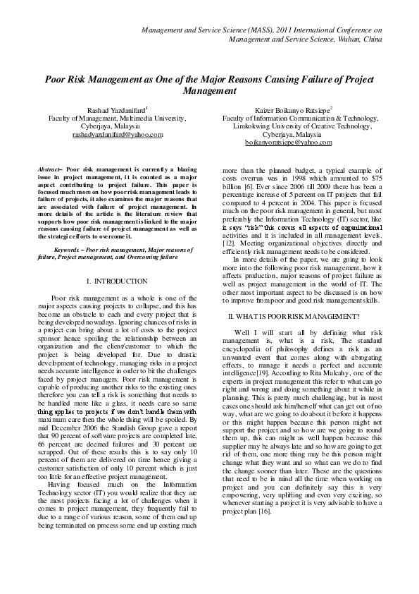 (PDF) Poor Risk Management as One of the Major Reasons Causing Failure ...