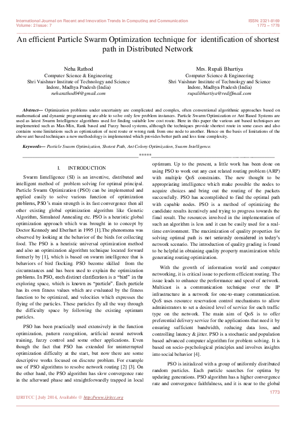 Pdf An Efficient Particle Swarm Optimization Technique For Identification Of Shortest Path In