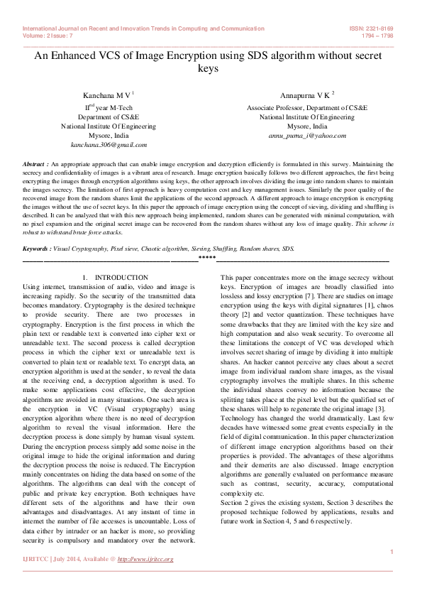 (PDF) An Enhanced VCS of Image Encryption using SDS algorithm without ...