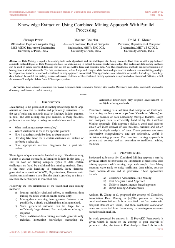 Pdf Knowledge Extraction Using Combined Mining Approach With Parallel Processing
