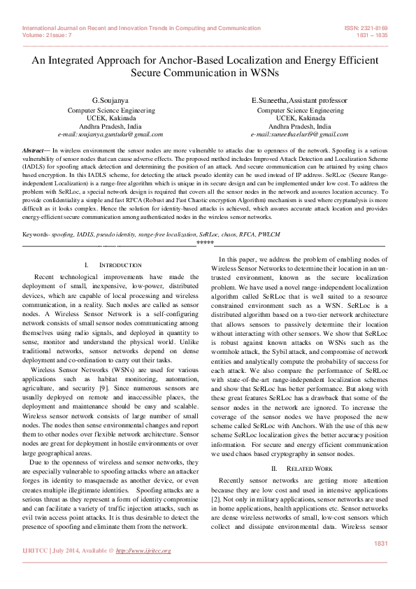 Pdf An Integrated Approach For Anchor Based Localization And Energy Efficient Secure