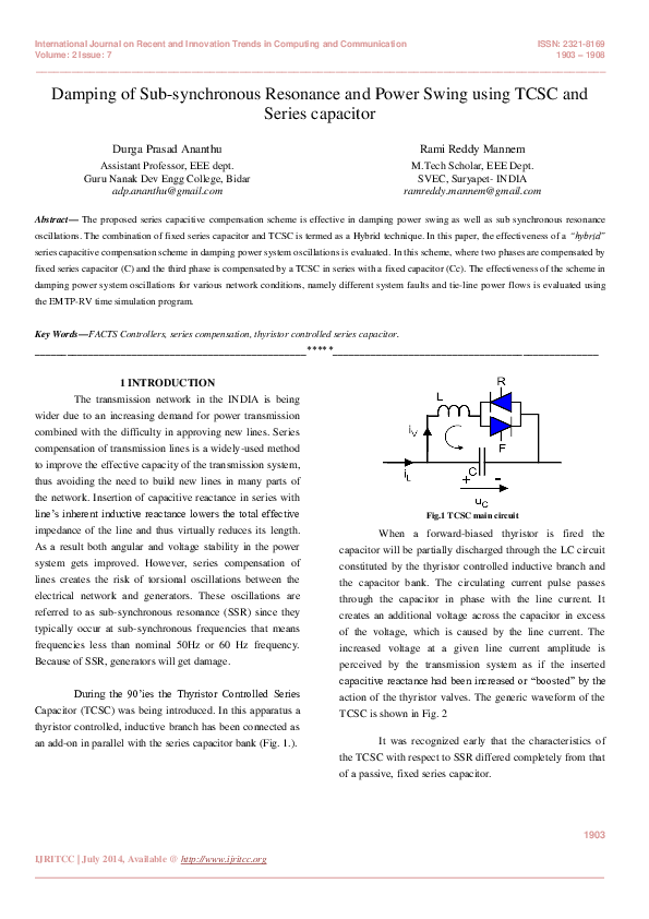 (PDF) Damping of Sub-synchronous Resonance and Power Swing using TCSC and Series capacitor