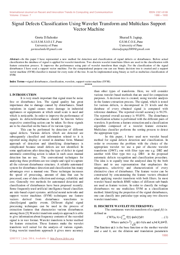 Pdf Signal Defects Classification Using Wavelet Transform And