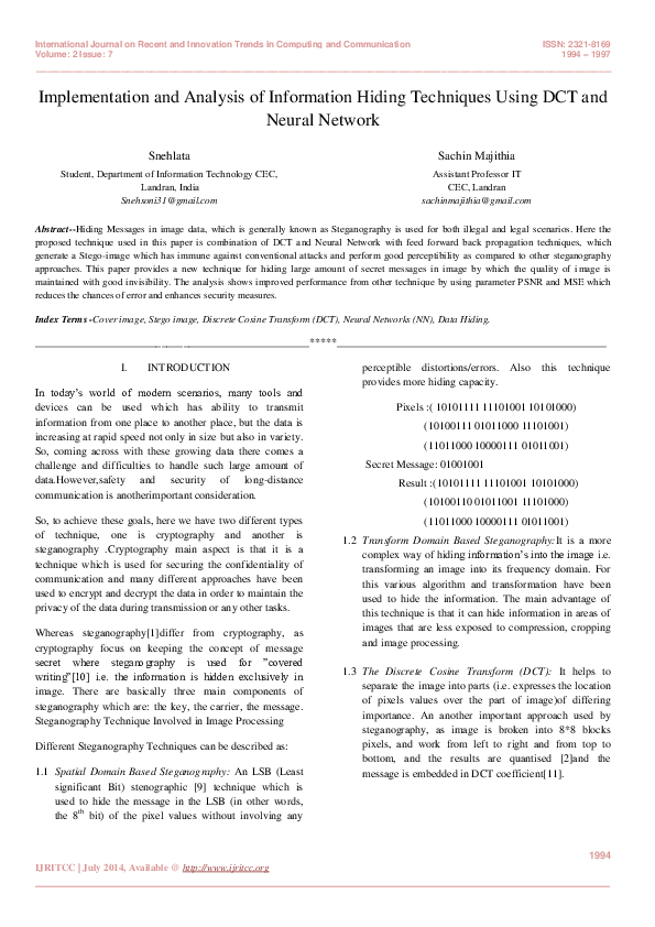 (PDF) Implementation and Analysis of Information Hiding Techniques Using DCT and Neural Network