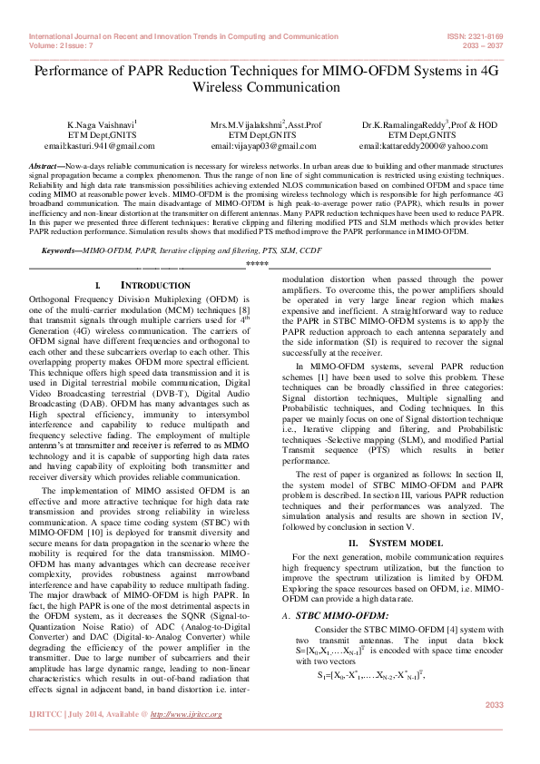 Pdf Performance Of Papr Reduction Techniques For Mimo Ofdm Systems In