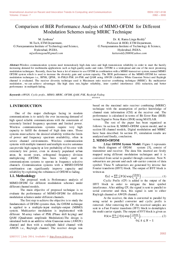 Pdf Comparison Of Ber Performance Analysis Of Mimo Ofdm For Different