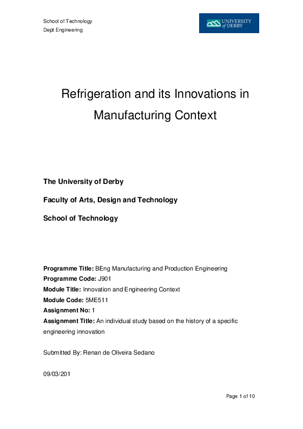 (DOC) Refrigeration and its Innovations in Manufacturing Context