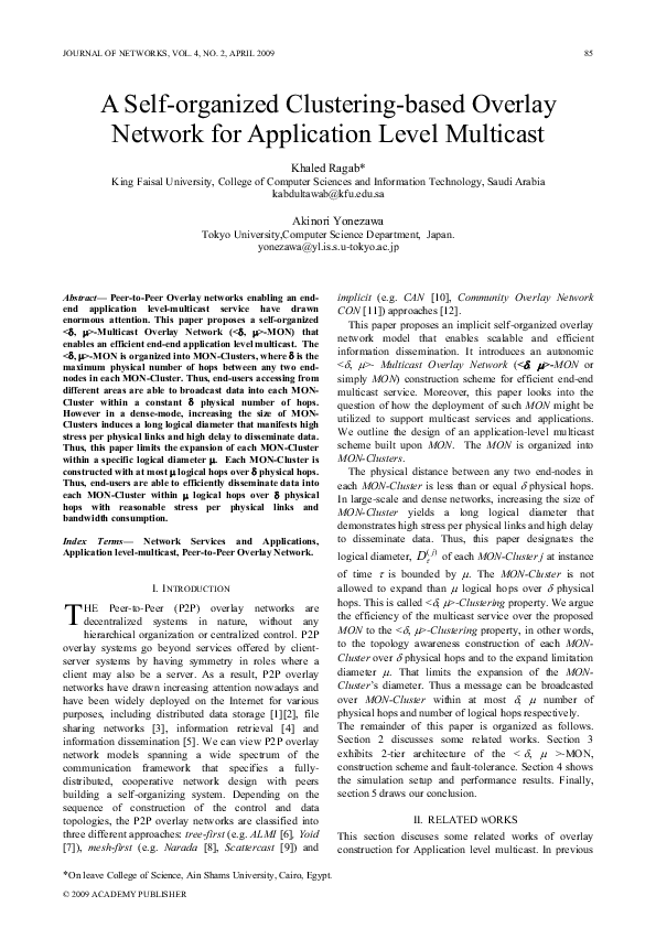 Pdf A Self Organized Clustering Based Overlay Network For Application Level Multicast