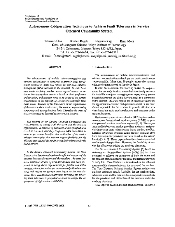 (PDF) Autonomous cooperation technique to achieve fault tolerance in service oriented community ...