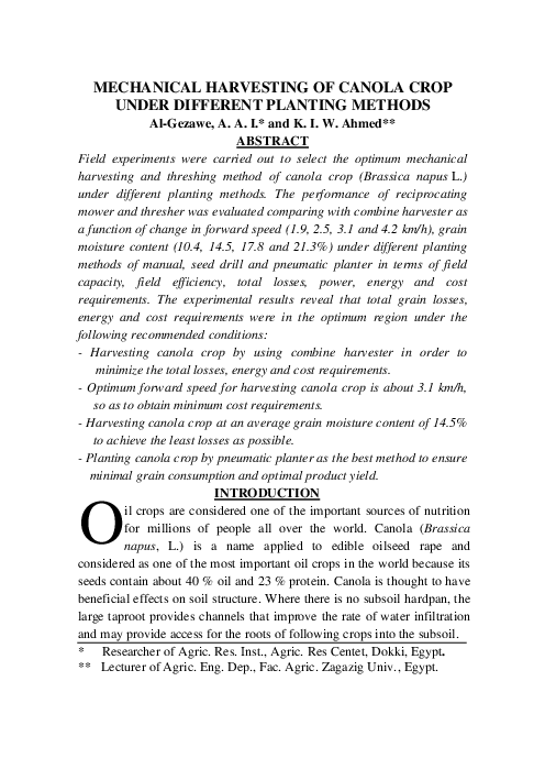 (PDF) MECHANICAL HARVESTING OF CANOLA CROP UNDER DIFFERENT PLANTING METHODS