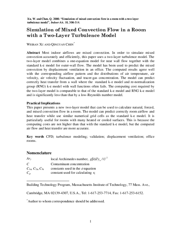 Pdf Simulation Of Mixed Convection Flow In A Room With A Two Layer