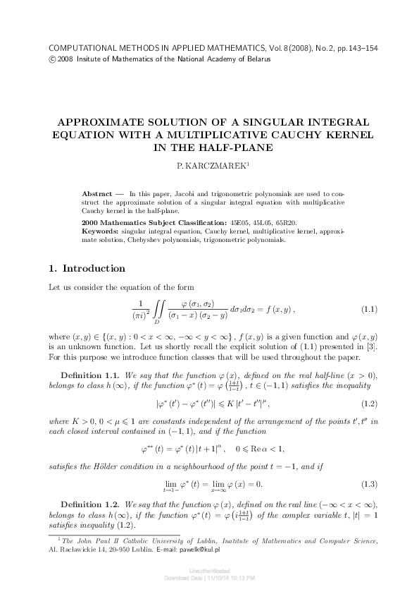 Pdf Approximate Solution Of A Singular Integral Equation With A Multiplicative Cauchy Kernel