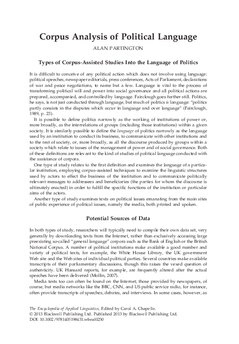 Pdf Corpus Analysis Of Political Language In The Encyclopedia Of Applied Linguistics Wiley