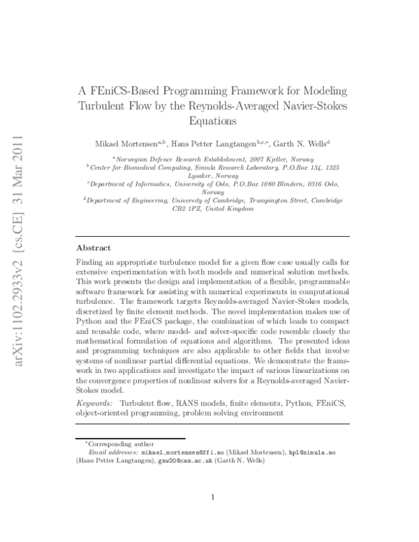 Pdf A Fenics Based Programming Framework For Modeling Turbulent Flow By The Reynolds Averaged
