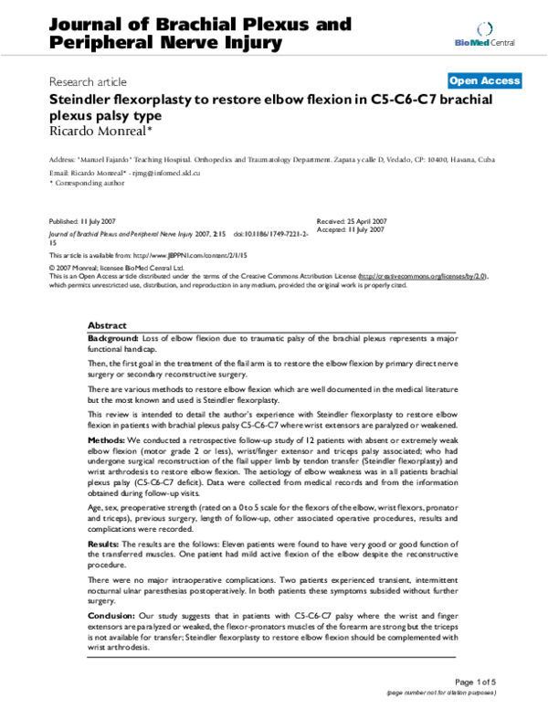 (PDF) Steindler flexorplasty to restore elbow flexion in C5-C6-C7 ...
