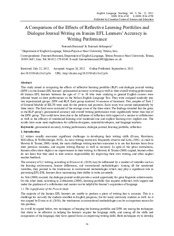 (PDF) A Comparison of the Effects of Reflective Learning Portfolios and ...