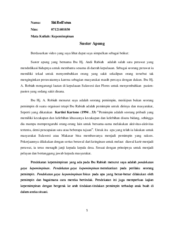 (DOC) suster apung, ibu hj. a. rabiah dan kepemimpinan