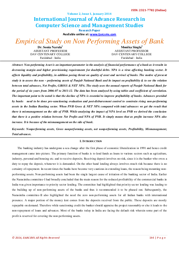 (PDF) 2014, IJARCSMS All Rights Reserved Empirical Study on Non Performing Assets of Bank