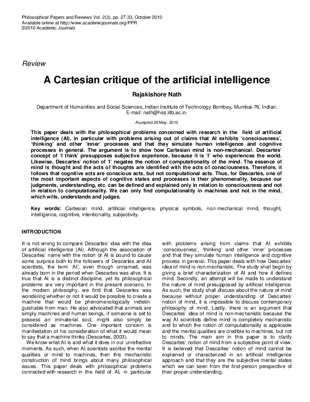(PDF) Cartesian Critique of AI Consciousness