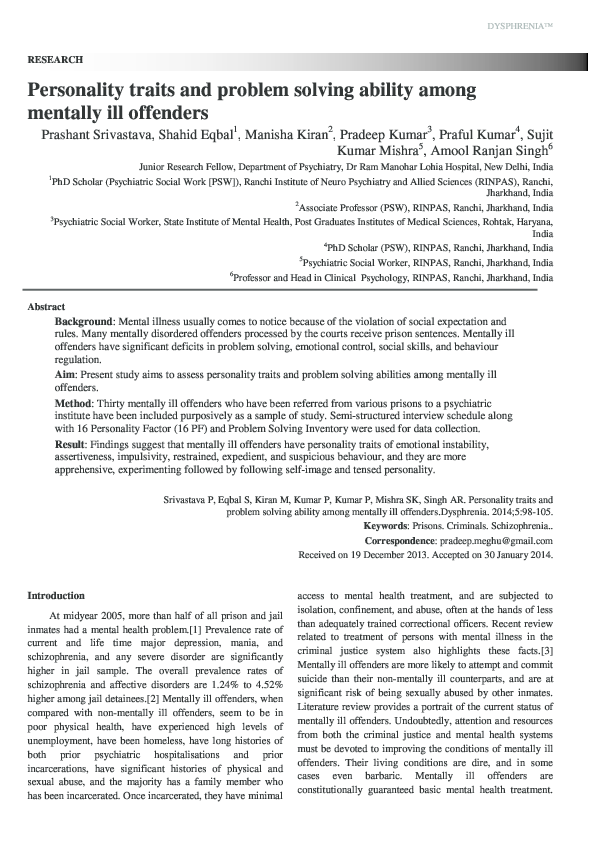 (PDF) Personality traits and problem solving ability among mentally ill ...