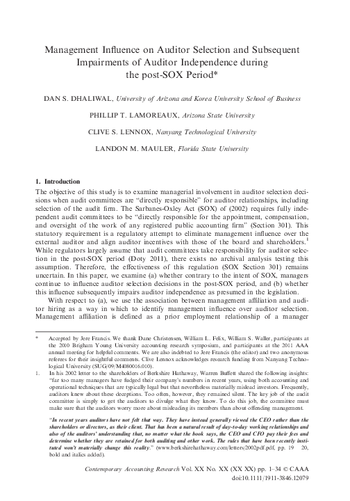 (PDF) Management Influence on Auditor Selection and Subsequent ...