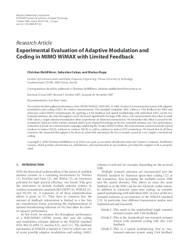 Pdf Experimental Evaluation Of Adaptive Modulation And Coding In Mimo Wimax With Limited Feedback 