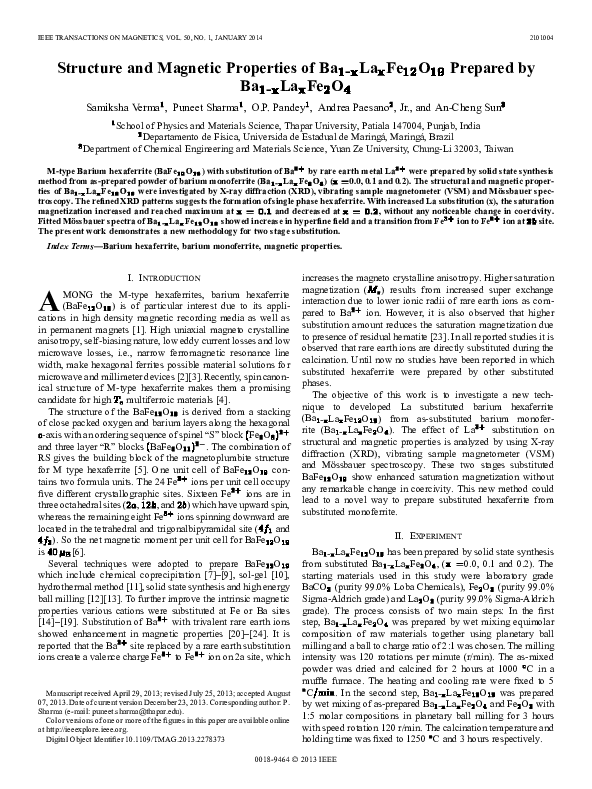 (PDF) Structure and Magnetic Properties of Ba -La Fe O Prepared by Ba ...