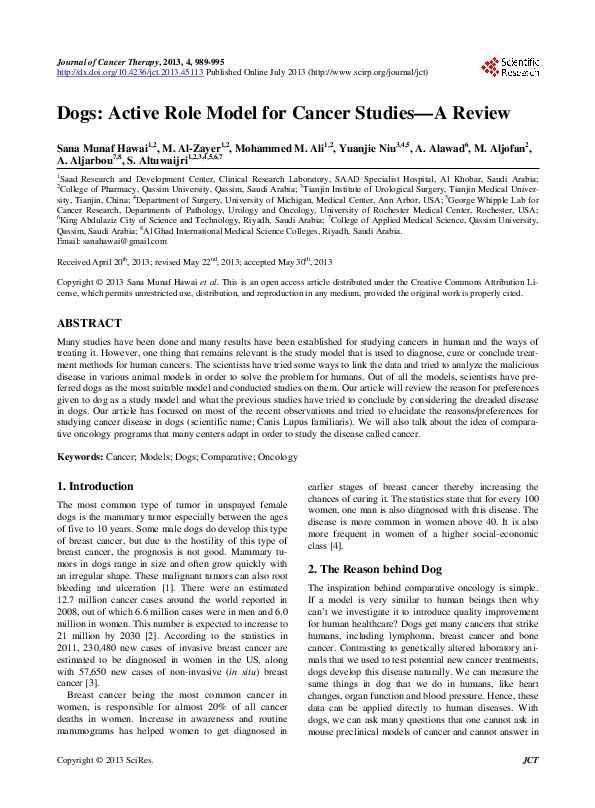(PDF) Dogs: Active Role Model for Cancer Studies—A Review