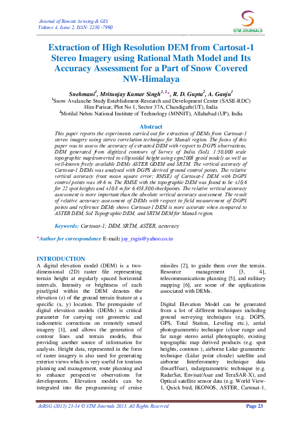 (PDF) Extraction of High Resolution DEM from Cartosat-1 Stereo Imagery ...