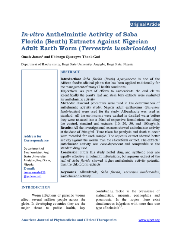 (PDF) In-vitroAnthelmintic Activity of Saba Florida (Benth) Extracts ...