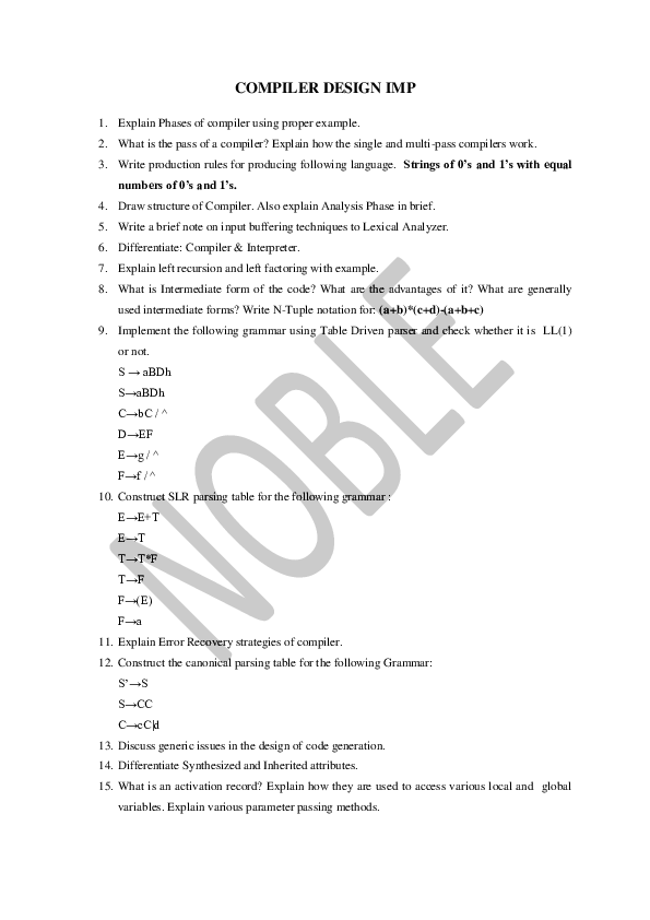 (PDF) Compiler Design IMP question