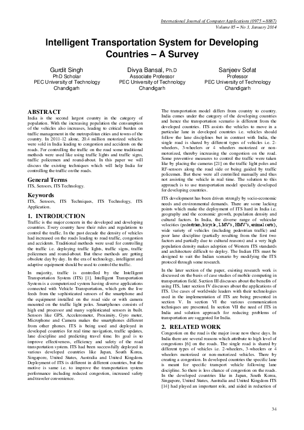 (PDF) Intelligent Transportation System for Developing Countries – A Survey