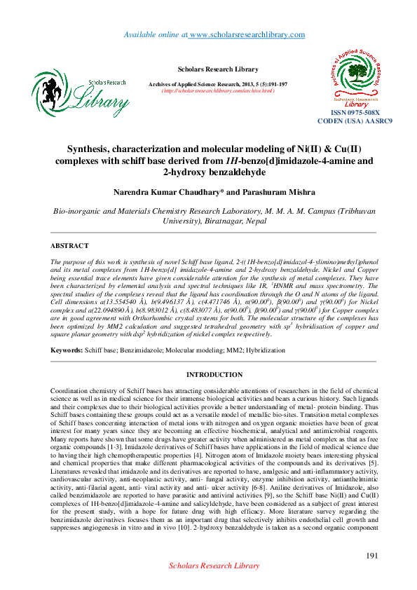 (PDF) Synthesis, characterization and molecular modeling of Ni(II) & Cu(II) complexes with ...