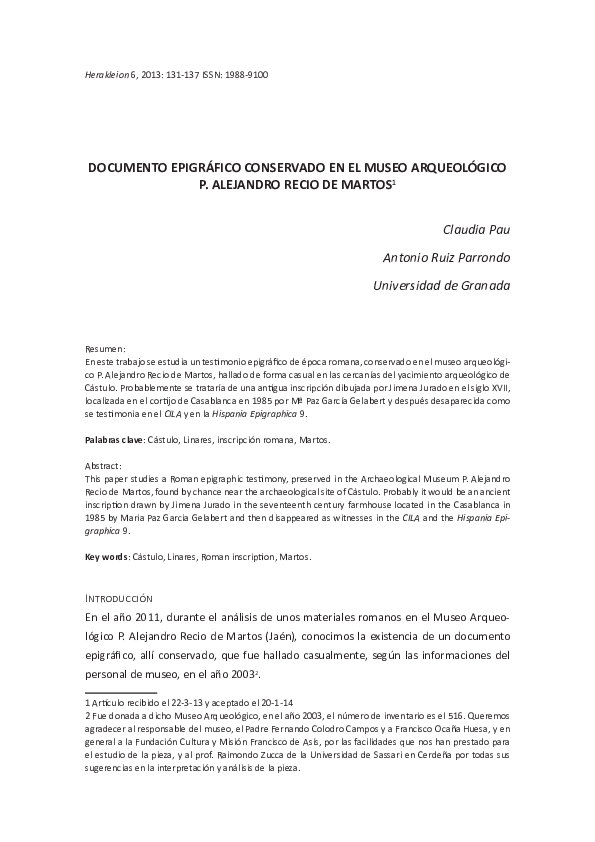 (PDF) DOCUMENTO EPIGRÁFICO CONSERVADO EN EL MUSEO ARQUEOLÓGICO P ...