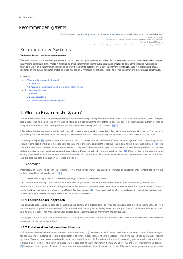 (PDF) Recommender Systems: Technical Report and Literature Review
