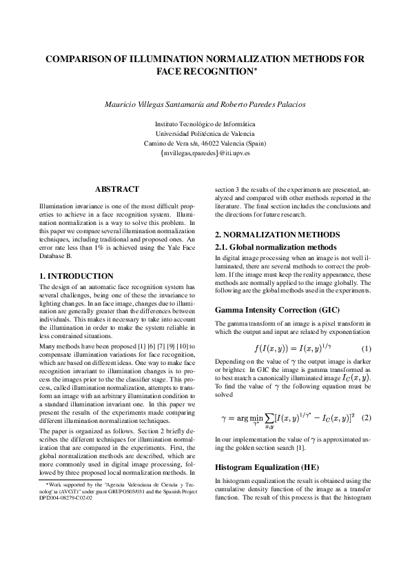 Pdf Comparison Of Illumination Normalization Methods For Face Recognition