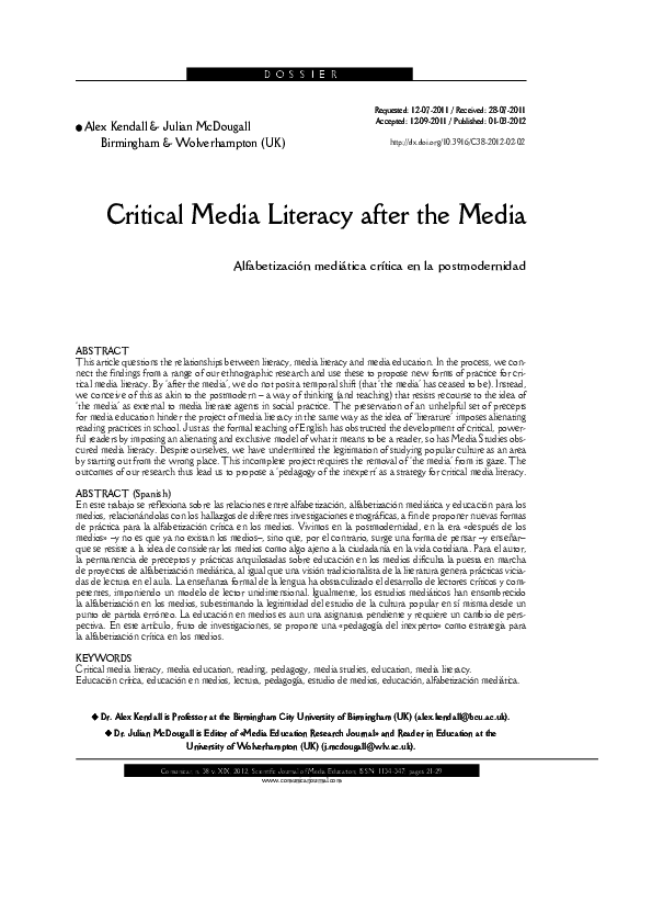 (PDF) Critical Media Literacy after the Media